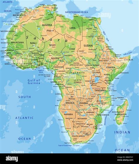 Mapa físico de África con alto detalle y etiquetado Imagen Vector de