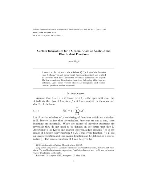 pdf certain inequalities for a general class of analytic and bi univalent functions
