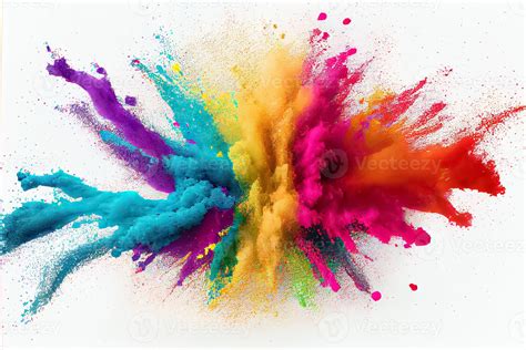 Colorful Rainbow Holi Paint Color Powder Explosion Isolated White Wide