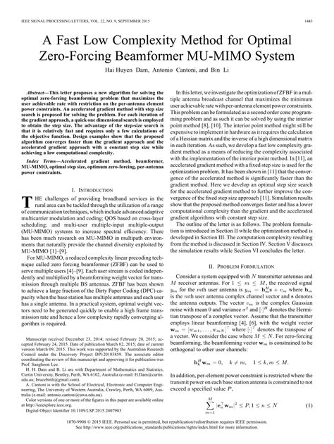 pdf a fast low complexity method for optimal zero forcing beamformer mu mimo system