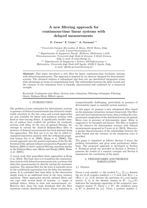 pdf a new filtering approach for continuous time linear systems with delayed measurements
