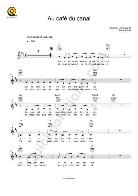 Partition pour Instruments Solistes Au café du canal de Pierre Perret