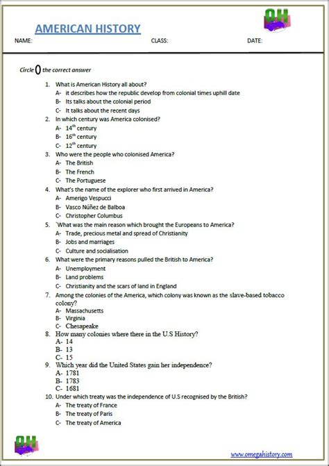 Free Printable Grade Worksheet On The United States History Pdf