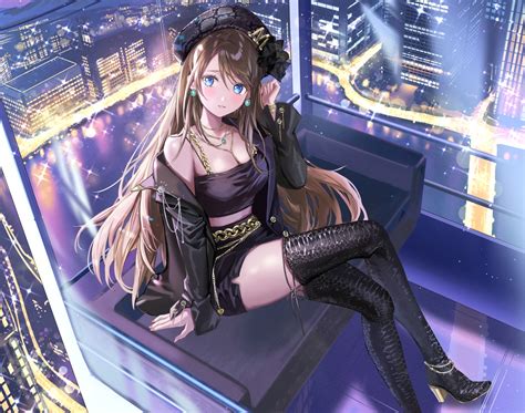 Blue Eyes Blush Boots Brown Hair Building Chain City Cropped Haruri Hat Long Hair Necklace Night