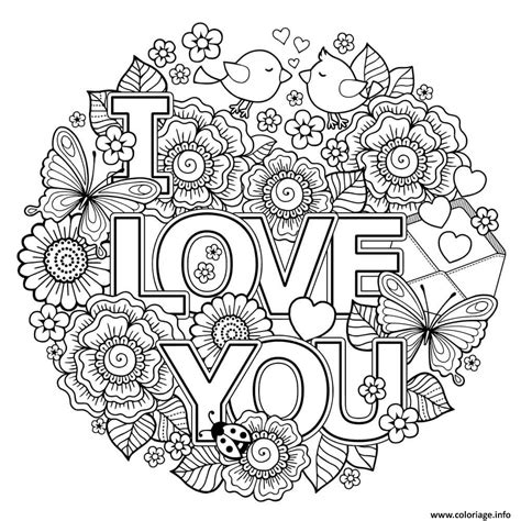 Coloriage Mandala I Love You Oiseaux Fleurs Roses Dessin St Valentin