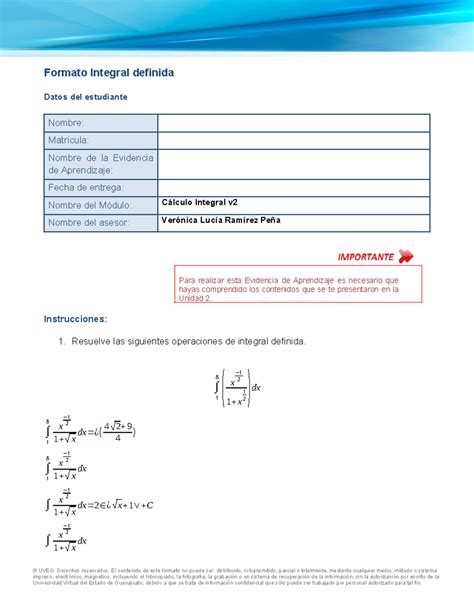 Calculo Formato Integral Definida Datos Del Estudiante Nombre