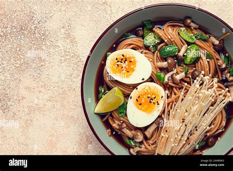 Soba Buckwheat Noodles With Enoki Mushrooms Shimeji And Boiled Egg Top View Homemade No