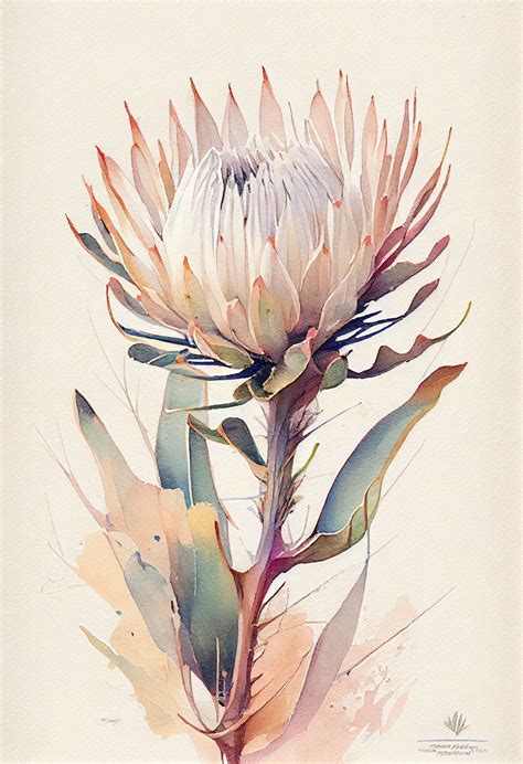 White Protea Flower Art Print Botanical Watercolors Illustration