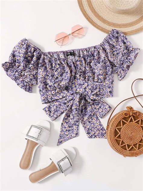 SHEIN WYWH Crop Top mit Puffärmeln Rüschen auf Büste Knoten und