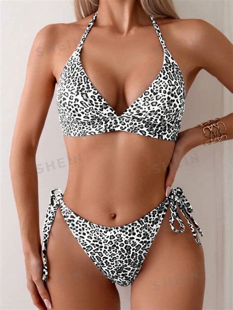 SHEIN Swim Ensemble de bikini sexy à imprimé léopard et col ras du cou