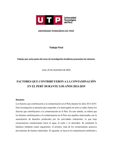Trabajo Final Tarea Academica Investigación Académica UTP StuDocu