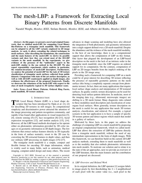 pdf the mesh lbp a framework for extracting local binary patterns from discrete manifolds