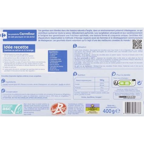 Gambas entières crues Label Rouge FQC CARREFOUR la boite de 8 12