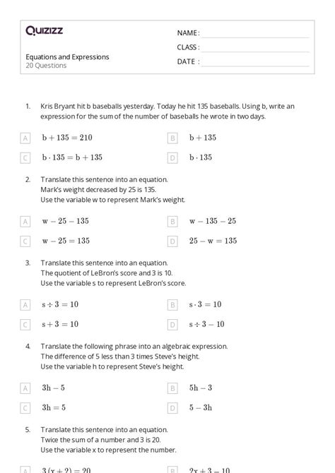 50 Understanding Expressions And Equations Worksheets For 7th Grade On