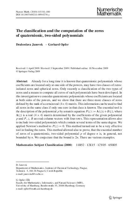 pdf the classification and the computation of the zeros of quaternionic two sided polynomials