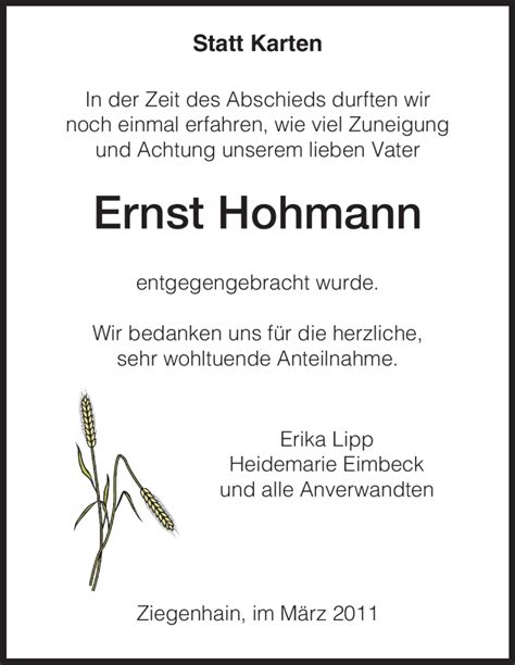 Traueranzeigen Von Ernst Hohmann Trauer Hna De