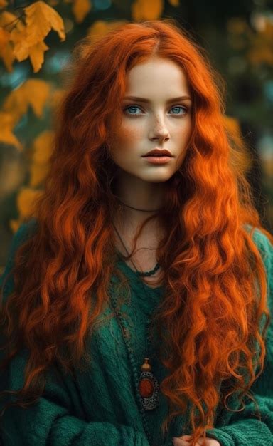 Premium AI Image A Woman With Long Red Hair And Blue Eyes