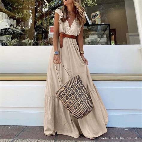 Kleider 2022 A Linie Maxi Boho Sommerkleid Lang In Champagne Mit V