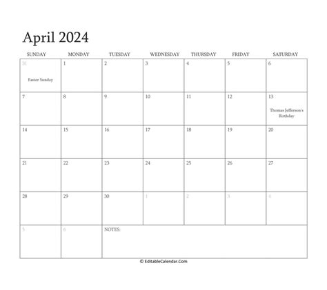April Calendar Editable Jane Roanna