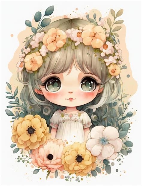 Una niña de dibujos animados con flores en la cabeza Foto Premium