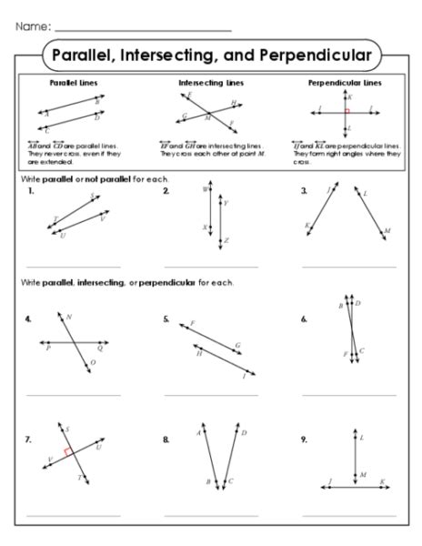 Parallel Intersecting And Perpendicular Lines Worksheets