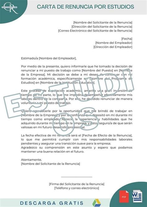 Modelos De Carta De Renuncia Por Estudios En Word Pdf