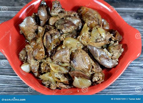 Cooked Chicken Livers Gizzards And Hearts Selective Focus Of Fresh