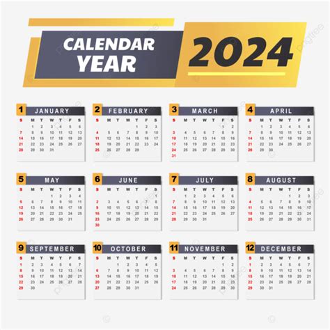 Año Calendario De 2024 Color Degradado Negro Y Amarillo Vector PNG