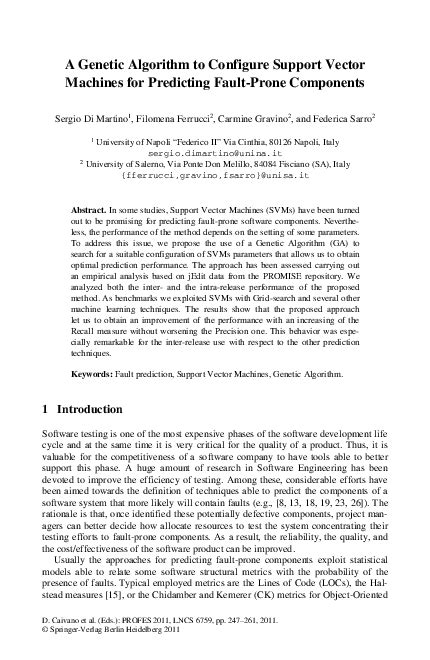 pdf a genetic algorithm to configure support vector machines for predicting fault prone