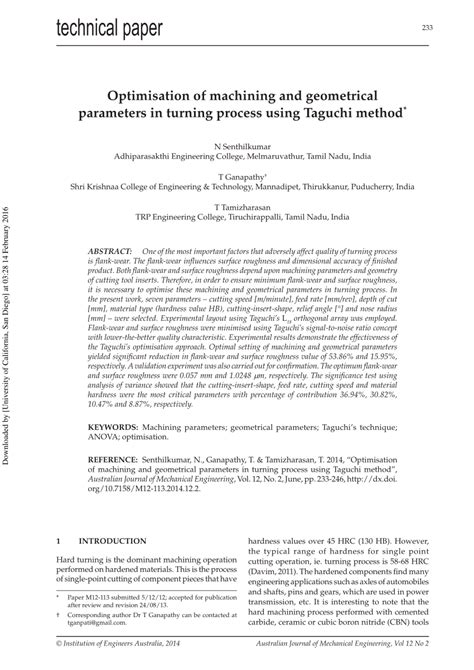 pdf optimisation of machining and geometrical parameters in turning process using taguchi method