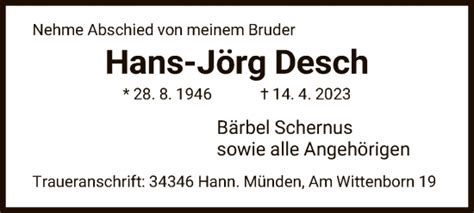 Traueranzeigen von Hans Jörg Desch Trauer HNA de