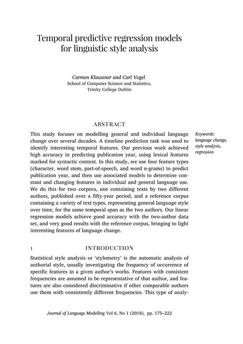 pdf temporal predictive regression models for linguistic style analysis
