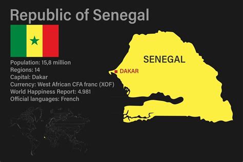 Mapa de senegal muy detallado con bandera capital y pequeño mapa del