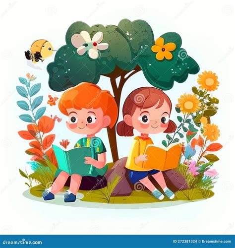 Ilustración De Dibujos Animados De Niños Leyendo Un Libro Stock de