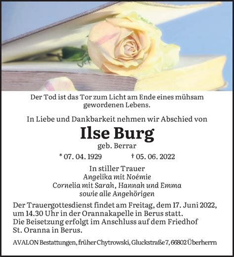 Traueranzeigen Von Ilse Burg Saarbruecker Zeitung Trauer De
