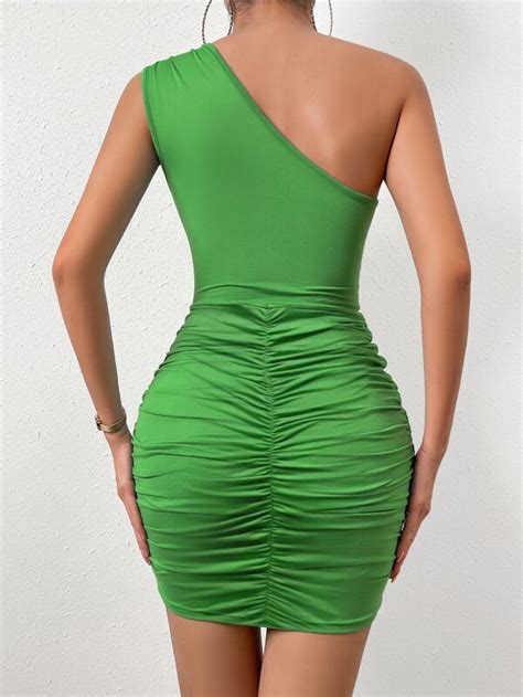 SHEIN Privé One Shoulder Twist Front Ruched Bodycon Dress SHEIN USA