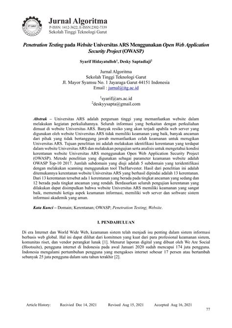 pdf penetration testing pada website universitas ars menggunakan open web application security
