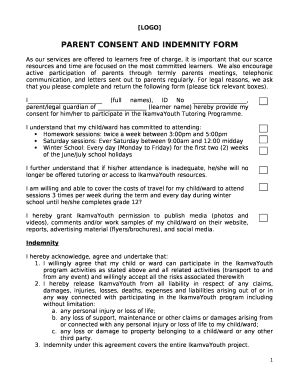 PARENT CONSENT AND INDEMNITY Doc Template PdfFiller
