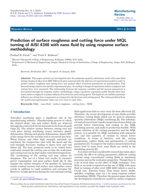 pdf prediction of surface roughness and cutting force under mql turning of aisi 4340 with nano