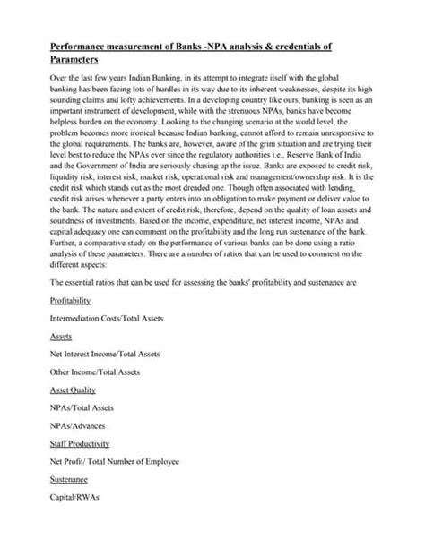 performance measurement of banks npa analysis and credentials of parameters pdf