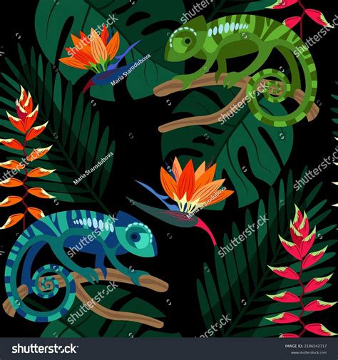 Seamless Pattern Chameleons Tropical Plants Stock Vector Royalty Free
