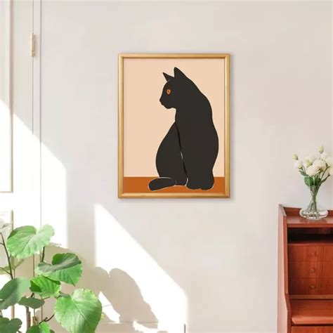 Arte Gato Negro Minimalista Boho Cuadro Marco De Madera Color Madera