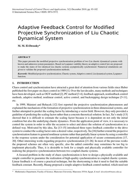 pdf adaptive feedback control for modified projective synchronization of liu chaotic dynamical
