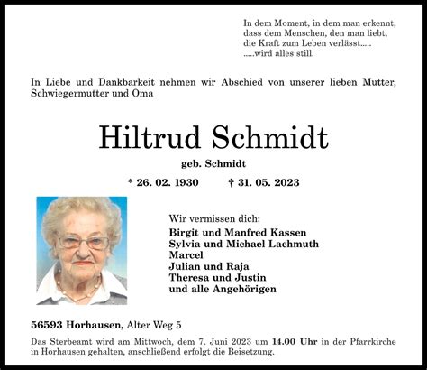 Traueranzeigen Von Hiltrud Schmidt Rz Trauer De