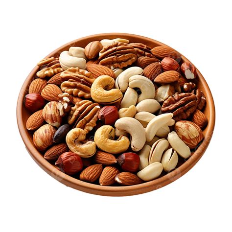 Mixed Nuts On A Wooden Bowl Plate Mixed Nuts Fruit Snacks PNG