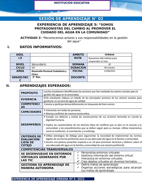 3 DPCC Sesion 2 EXP 5 URB SESIÓN DE APRENDIZAJE N 02 EXPERIENCIA DE