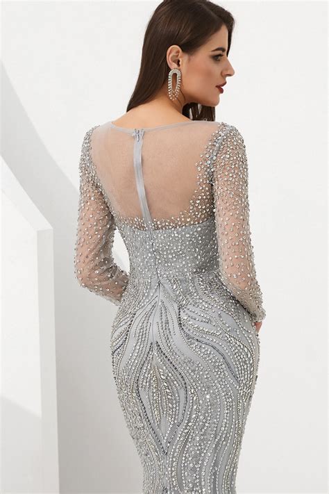 Robe soirée sirène argenté manche longue brodée de sequins Persun fr