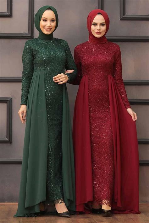 Nayla Collection Pullu Yeşil Tesettür Abiye Elbise 90000Y
