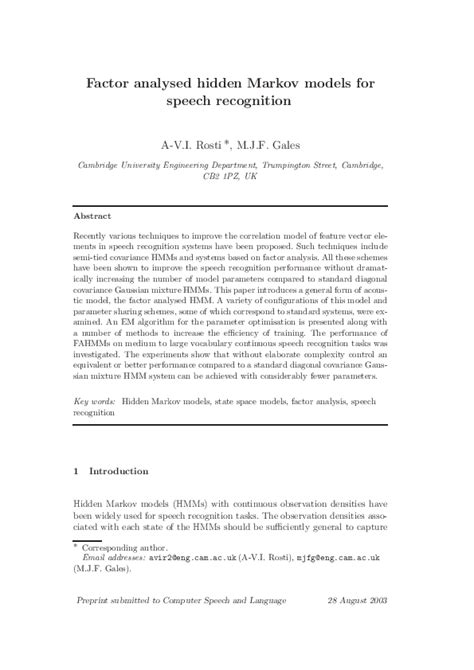 pdf factor analysed hidden markov models for speech recognition mark gales