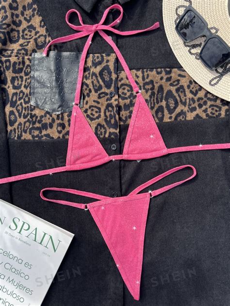 Shein Swim Sxy Glitter Bikini Set Halter Micro Triangle Bra Top V